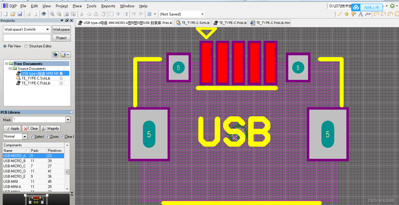 MINI MICRO A型B型D型USB type-c母座 USB 封装库Altium库 AD元件库（ PCB封装库）-CSDN博客