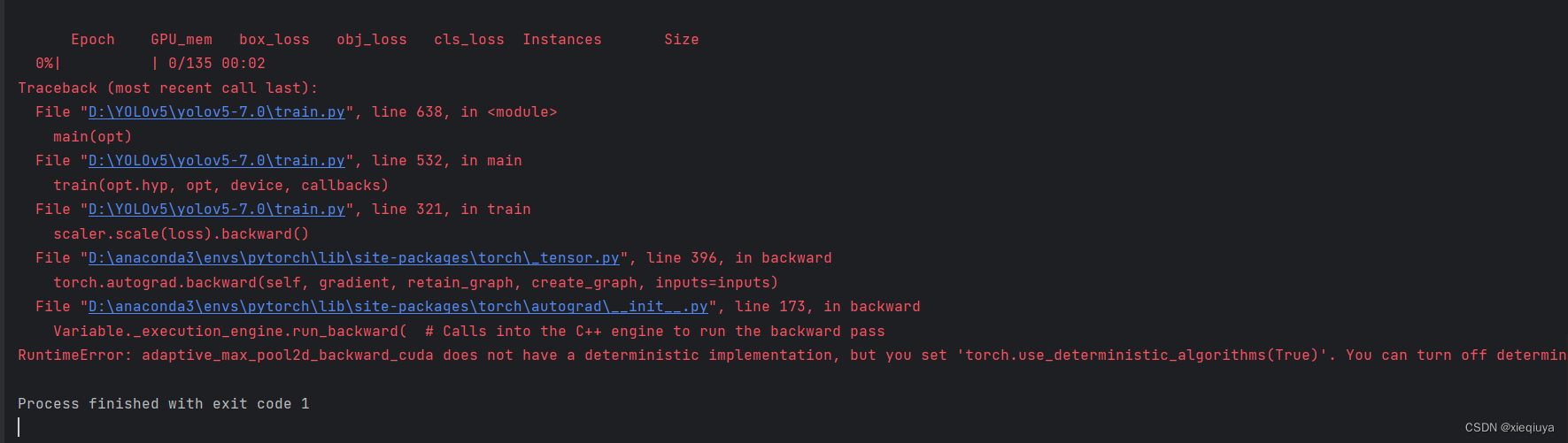 YOLOv5添加CBAM注意力机制训练前报错RuntimeError: adaptive_max_pool2d_backward_cuda does not have a ...