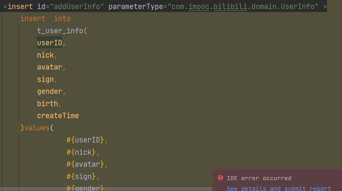 Mybatis报错There is no getter for property named ‘userID‘ in ‘class com.imooc.bilibili.domain ...