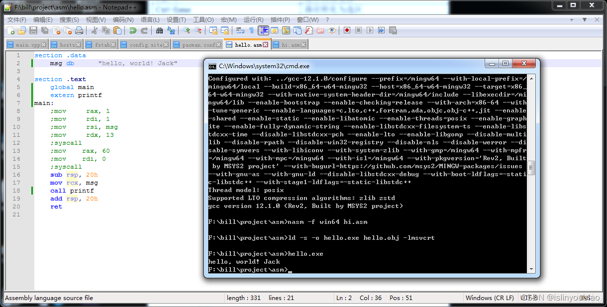 gcc nasm ld windows x64汇编语言hello world_64位windows汇编语言helloworld-CSDN博客