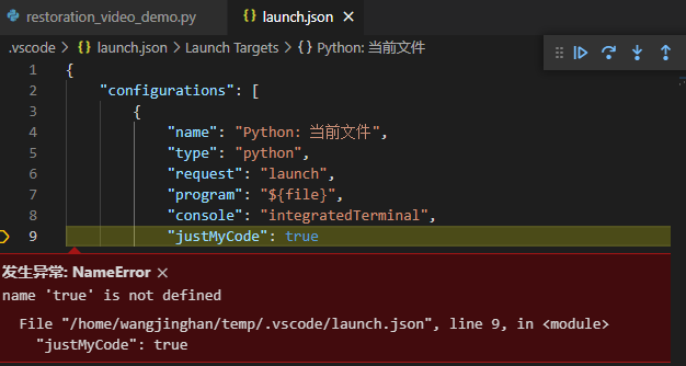 记录VSCode调试python一个极傻的坑：显示launch.json中name ‘true‘ is not defined_vscode nameerror: name 'true' is ...