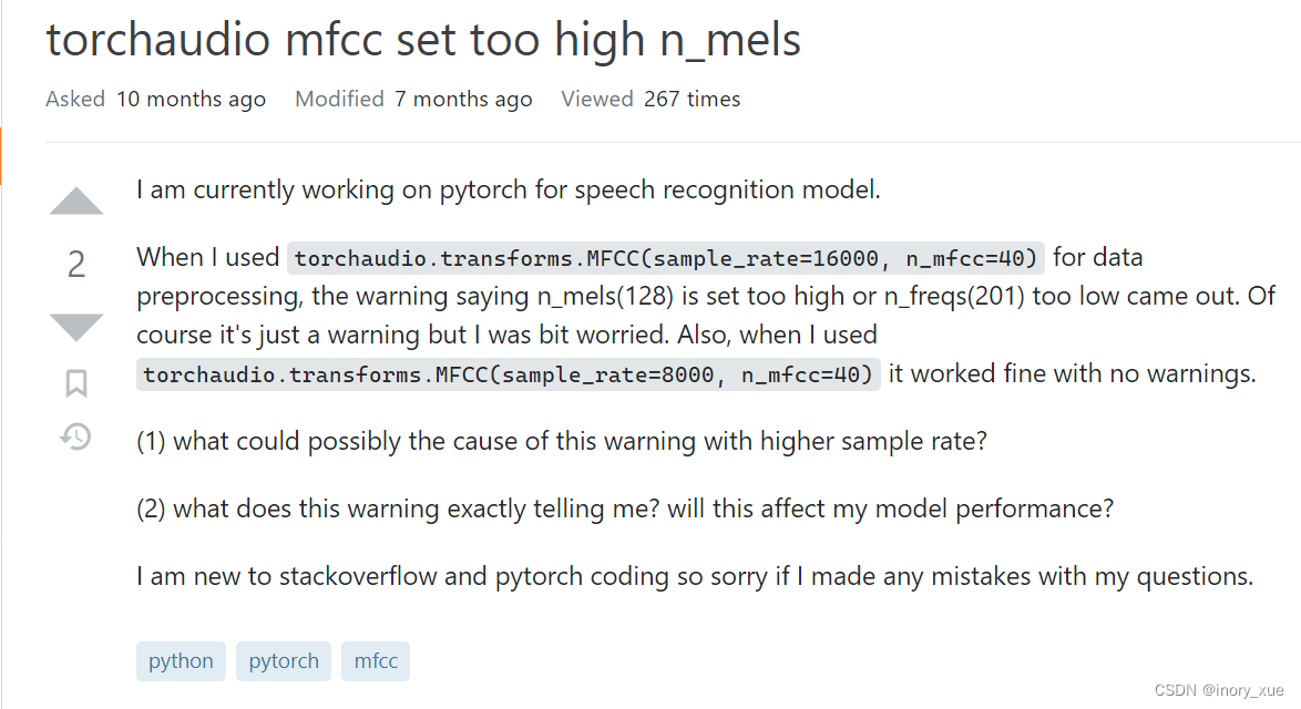 报错n_mels` (128) may be set too high. Or, the value for `n_freqs` (201) may be set too low ...