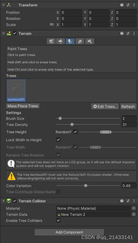 unity中在Terrain上刷Maya导出的树提示不能旋转是什么问题_unity terrain不能旋转-CSDN博客