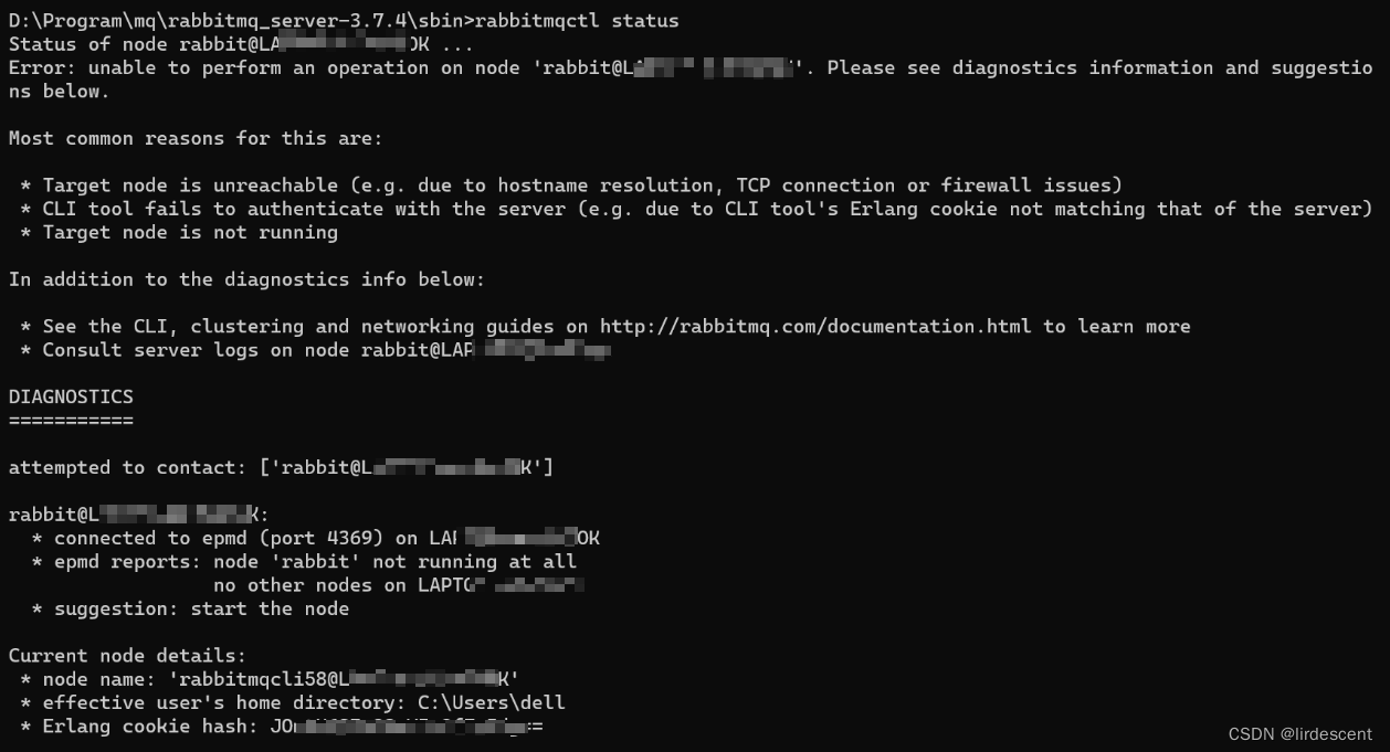rabbitMQ安装问题_node 'rabbit' not running at all no other nodes on-CSDN博客