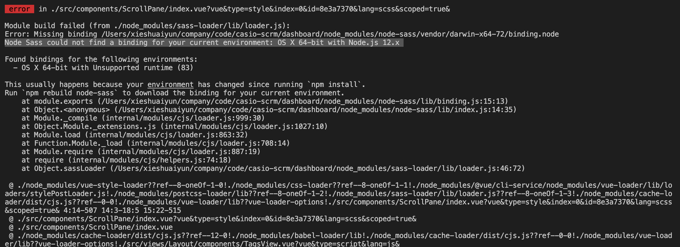 Node Sass could not find a binding for your current environment: OS X 64-bit with Node.js 12.x ...