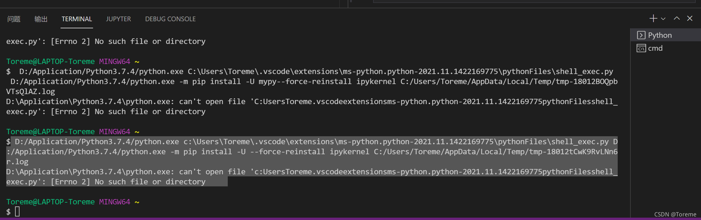 Vscode安装python插件ipykernel问题 忆云竹