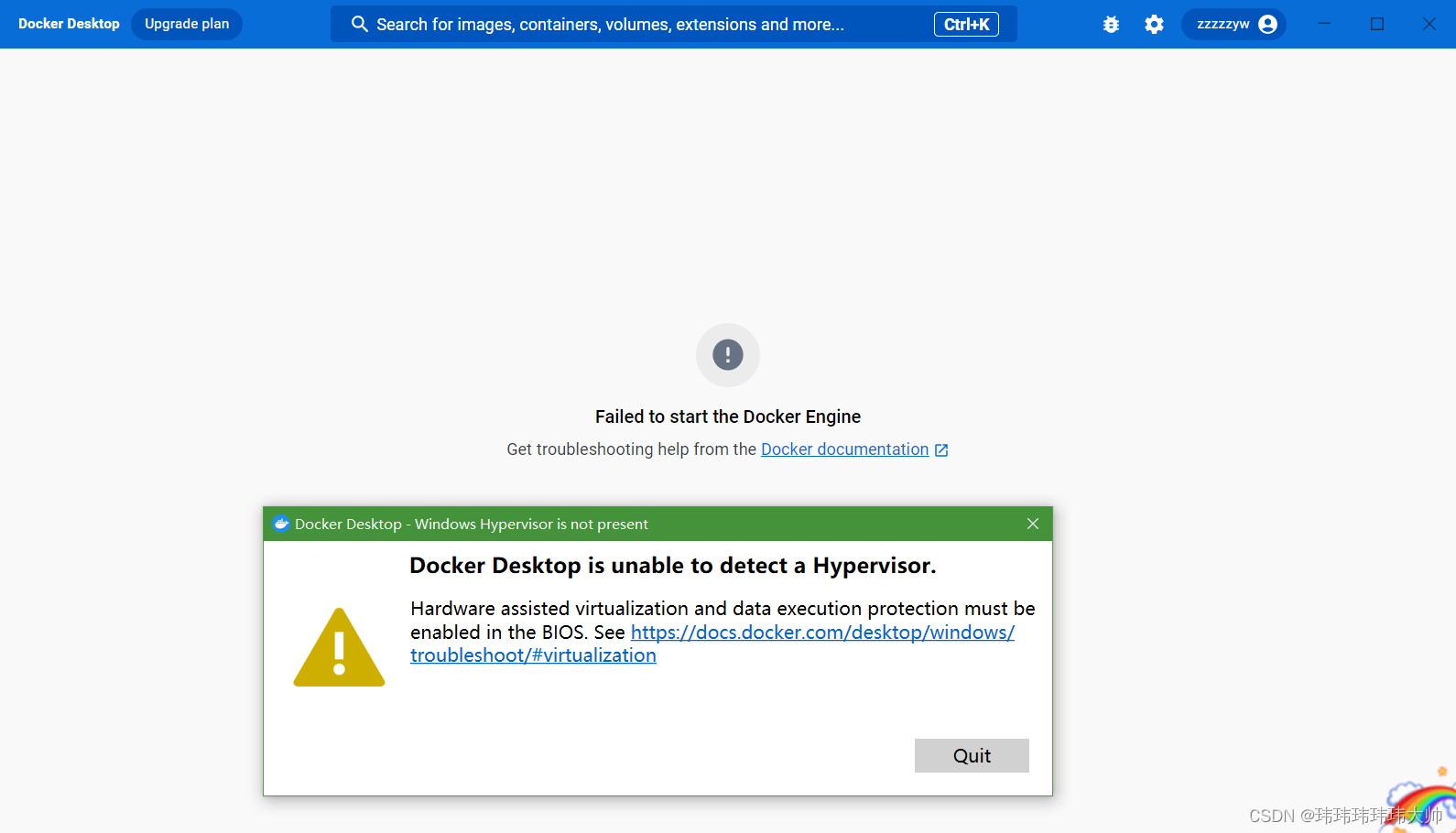 Win10 Docker Desktop一直转圈starting后报错unable to detect a Hypervisor-CSDN博客