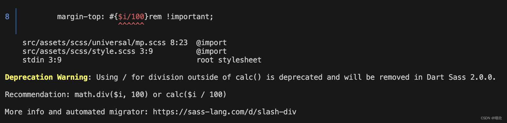 警告:Using / for division outside of calc() is deprecated and will be removed in Dart Sass 2.0.0 ...