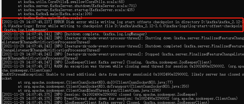 windows下安装kafka，启动时报错：ERROR Error while writing to checkpoint file。。。log-start-offset-checkpoint ...