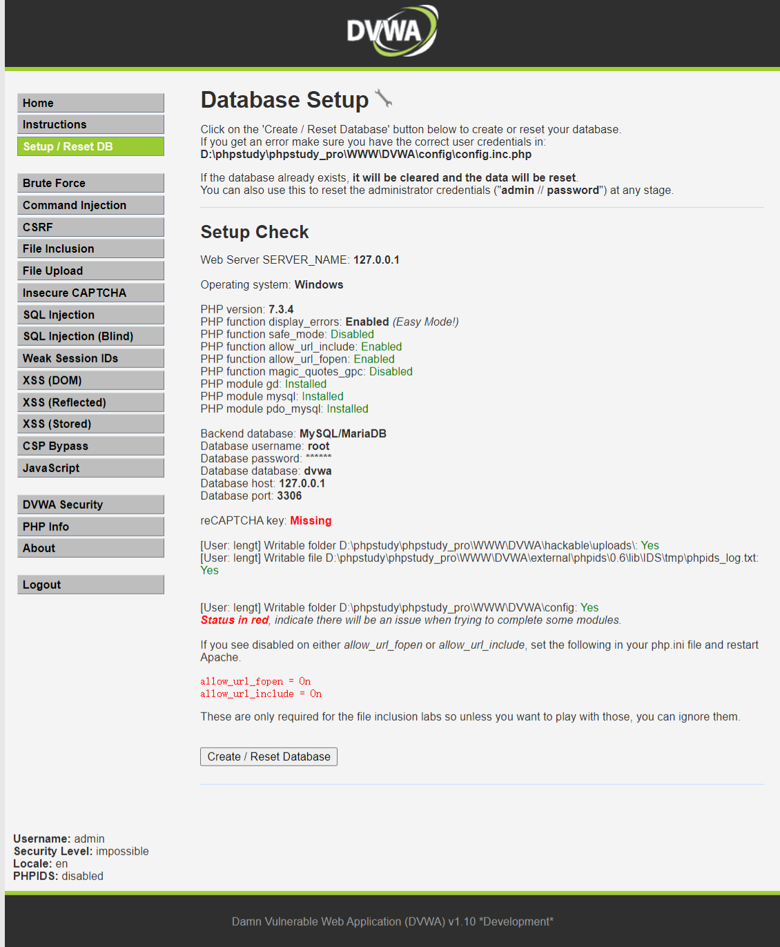 在win10中搭建DVWA时，遇到403 - Forbidden 禁止访问,数据库创建失败及建立成功后登陆失败的解决办法。_dvwa页面访问不了-CSDN博客