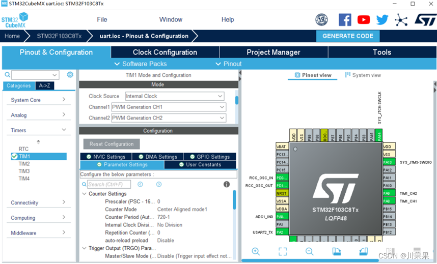 STM32F103C8T6全桥逆变电路PWM波生成（基于HAL库）_stm32f103c8t6互补的输出pwm-CSDN博客