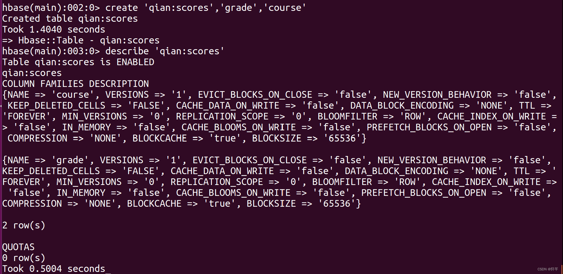 Hbase shell练习_用hbase shell模式设计score成绩表-CSDN博客
