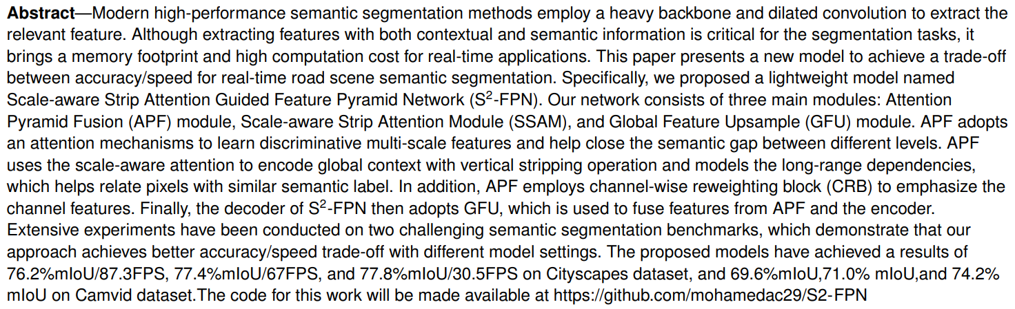 【arXiv2022】S2-FPN: Scale-ware Strip Attention GuidedFeature Pyramid Network for Real-time SS_s2 ...