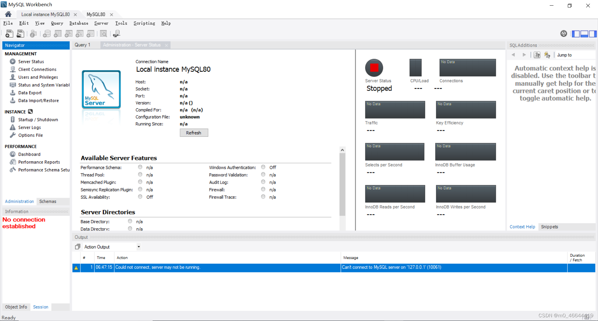 MYSQL Workbench Server Status Stopped mysql Server Status 