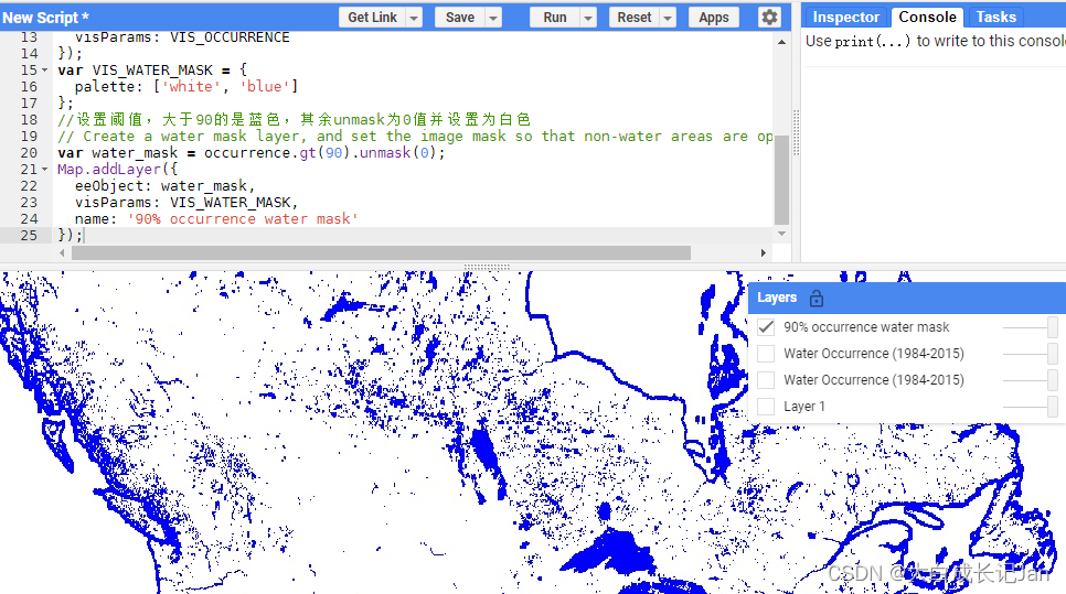 Google Earth Engine综合实验二——Global Surface Water的显示、统计与制饼图_water occurrence-CSDN博客