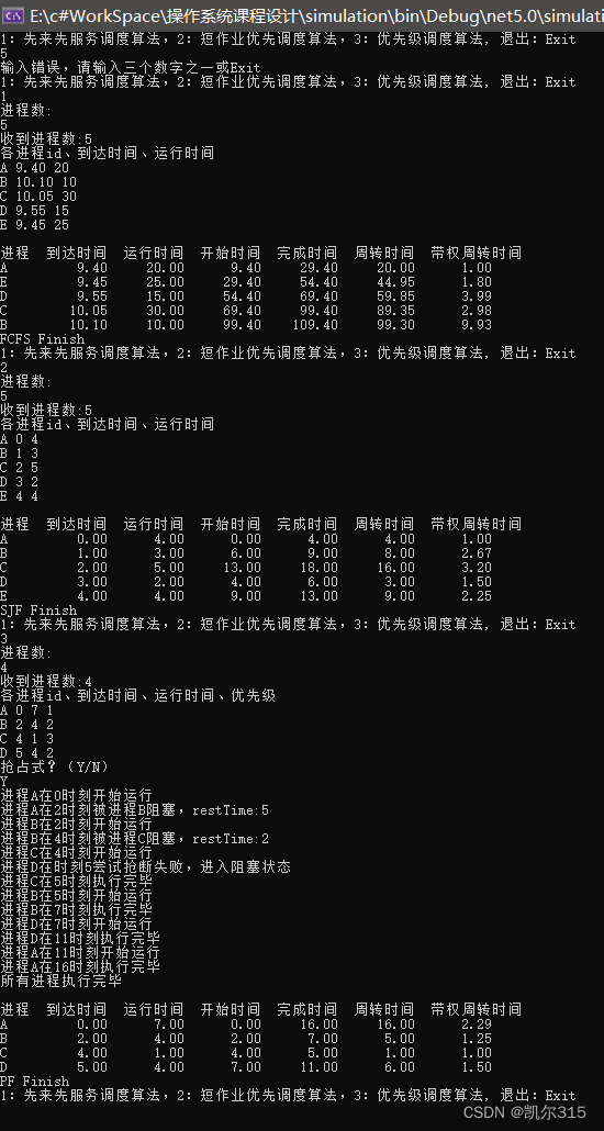 C进程调度的模拟实现：模拟先来先服务调度算法、短作业优先调度算法和优先级调度算法考虑非抢占式和抢占式，进行算法评价，输出调度结果和算法评价指标。编写进程调度程序模拟先来先服务调度算法