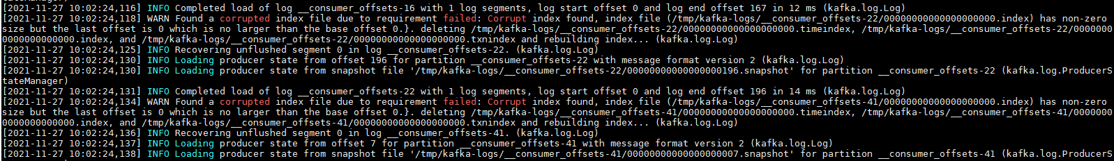 Kafka启动日志报错 WARN Found a corrupted index file due to requirement failed ...