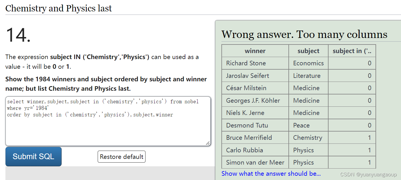 sqlzoo练习题（3.SELECT from Nobel Tutorial）14题中，order by subject IN (‘Chemistry‘,‘Physics‘)用法解惑整理笔记 ...