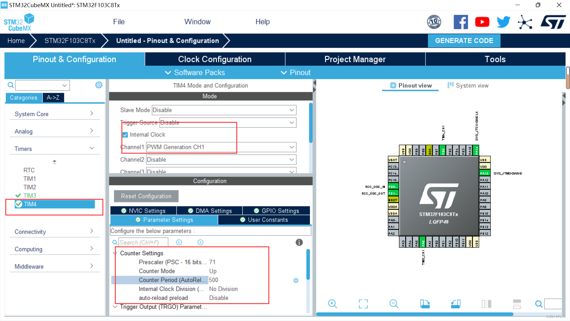 使用TIM3和TIM4，分别输出一个PWM波形，PWM的占空比随时间变化，去驱动你外接的一个LED以及最小开发板上已焊接的LED（固定接在 PC13 GPIO端口），实现2个 LED呼吸灯的 ...