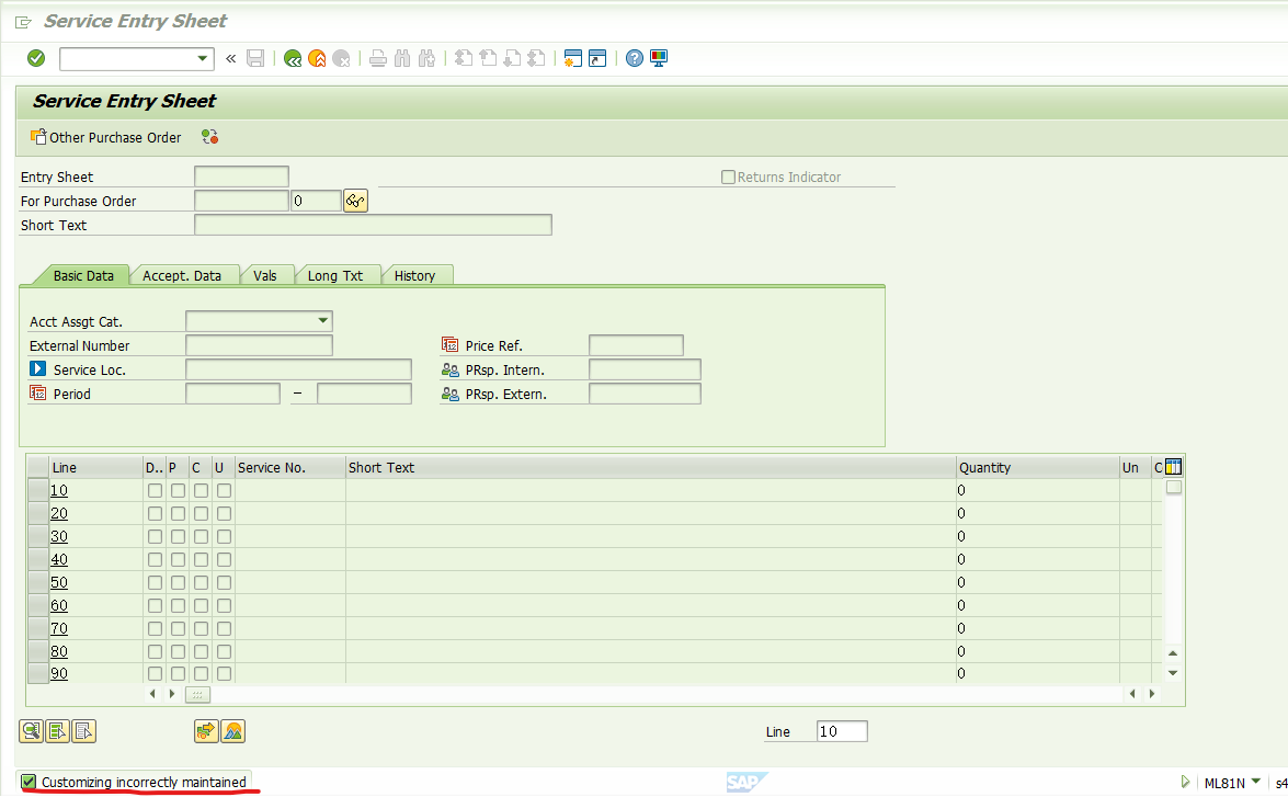 SAP MM Error message - Customizing incorrectly maintained – in transaction code ML81N_sap sm30 ...