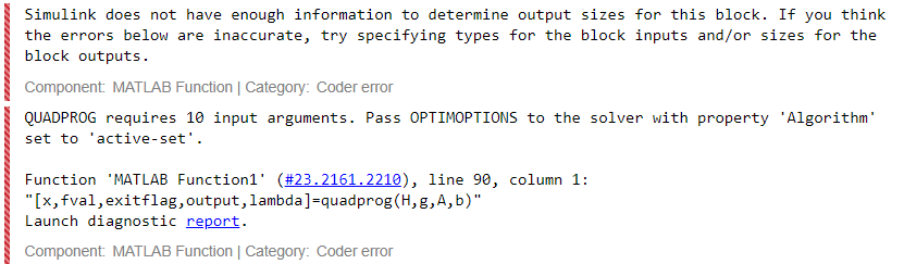 simulink调用quadprog()：QUADPROG requires 10 input arguments. Pass OPTIMOPTIONS to the solver with ...
