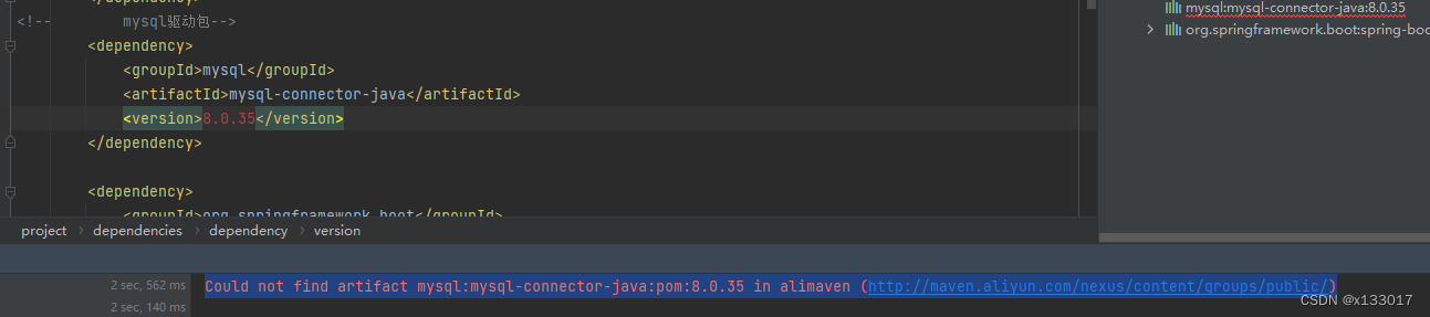 出现以上报错：Could not find artifact mysql:mysql-connector-java:pom:8.0.35 in alimaven_mysql-connector ...