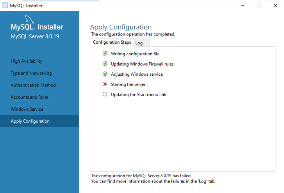 【踩坑日记】mysql8.0.19版本安装Faild Starting Server错误解决办法_the configuration for mysql server 8.0.19 has ...