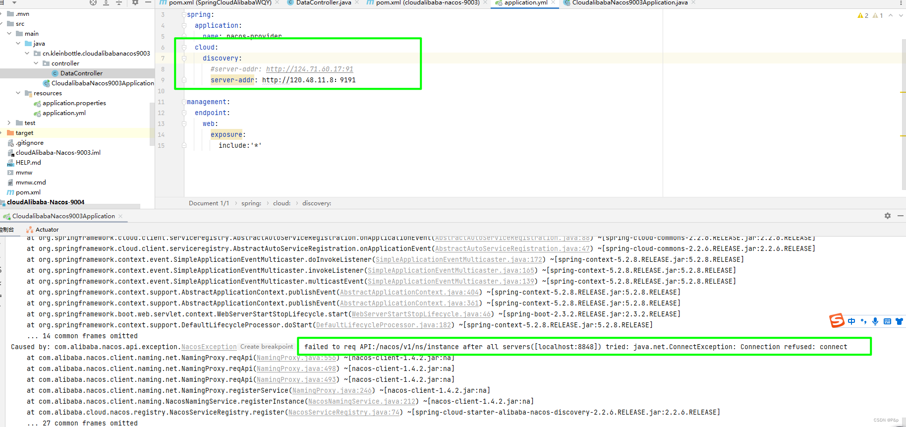 failed to req API:/nacos/v1/ns/instance after all servers([localhost:8848]) tried: java.net ...