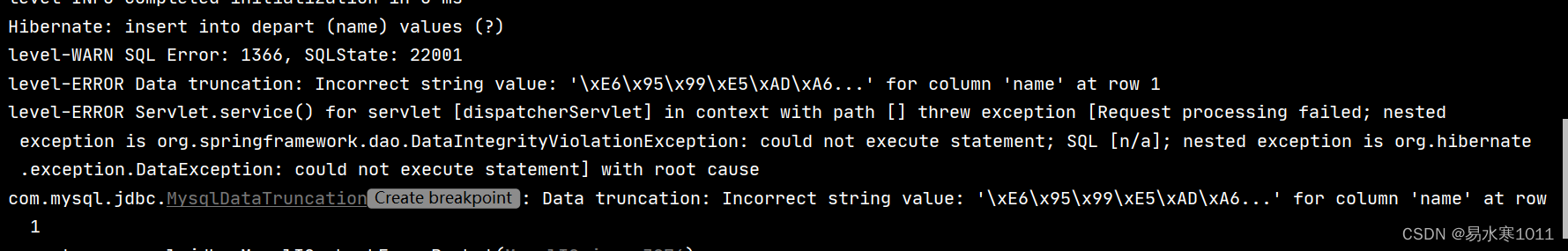 解决：data Truncation Incorrect String Value ‘ Xe6 X95 X99 Xe5 Xad Xa6 ‘ For Column ‘name‘ At