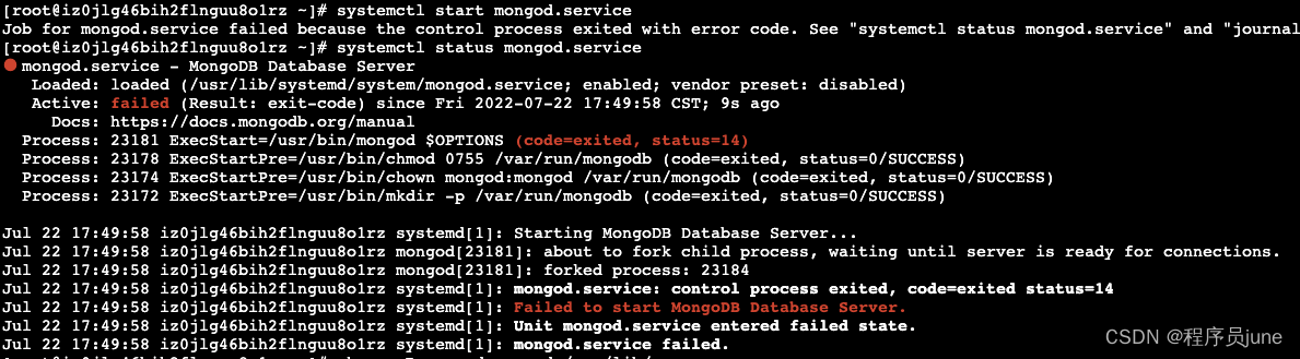 MongoDB启动报错 Process: 29784 ExecStart=/usr/bin/mongod $OPTIONS (code ...
