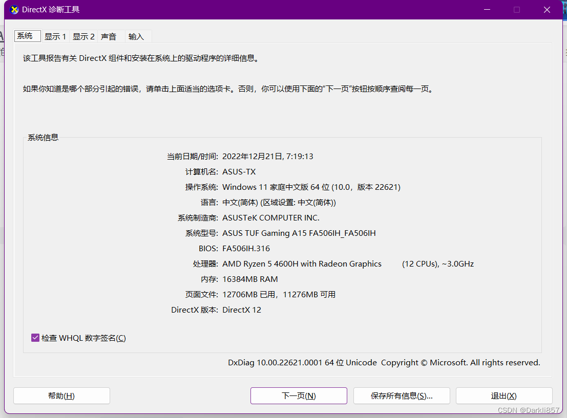【电脑技巧】如何使用dxdiag查看电脑信息（Win11）_win+r dxdiag-CSDN博客