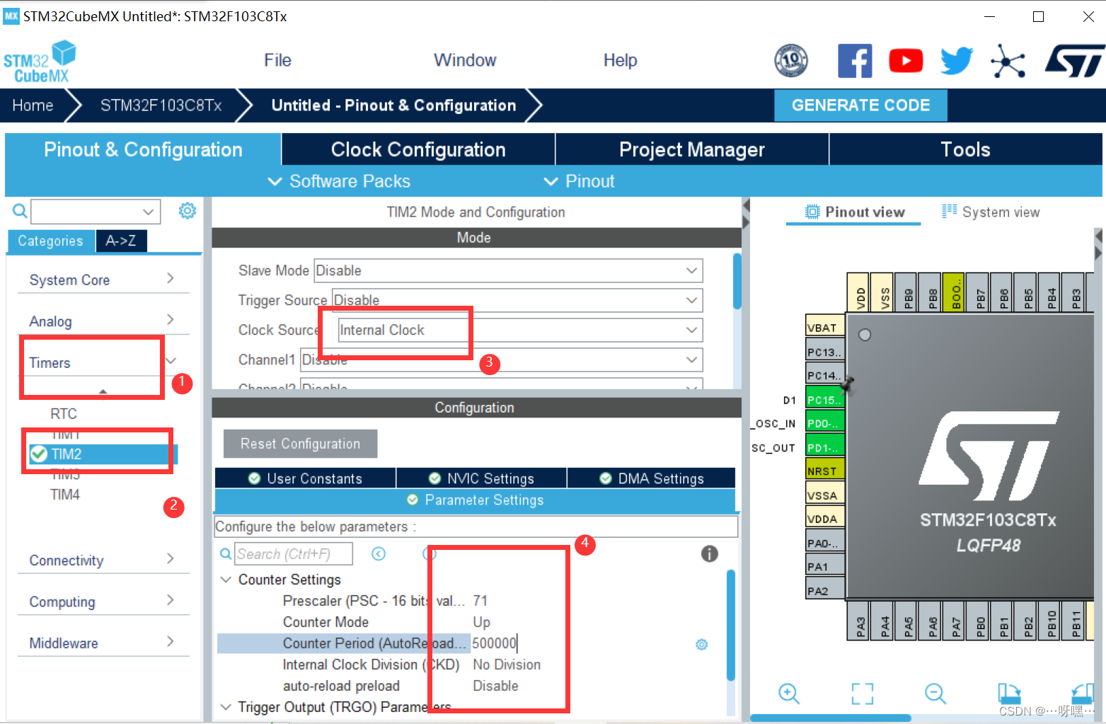 【嵌入式07.1】STM32F103C8T6开发板+CubeMX采用定时器实现周期性串口输出和LED闪烁_c8t6有tim5吗-CSDN博客