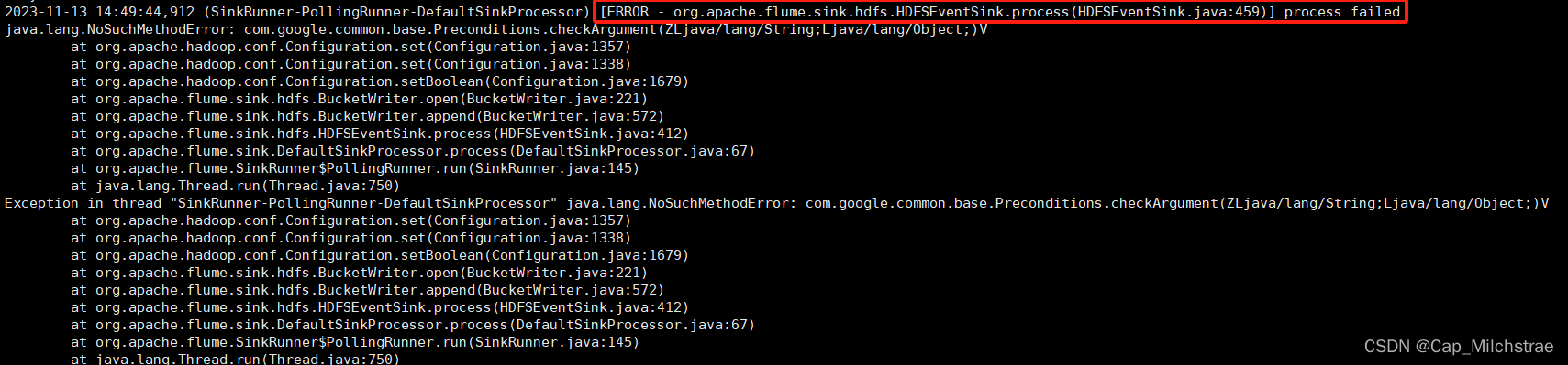 Flume启动报错，[ERROR - org.apache.flume.sink.hdfs.HDFSEventSink.process(HDFSEventSink.java:459 ...