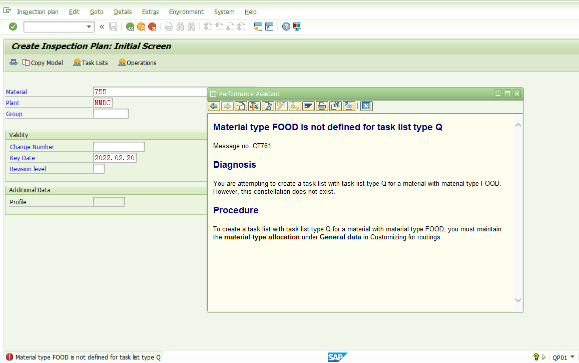 SAP QM 执行事务代码QP01，系统报错 -Material type FOOD is not defined for task list ...