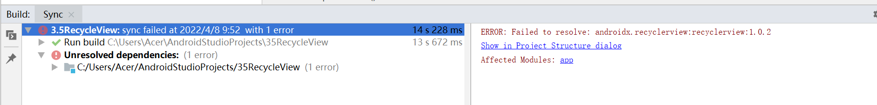 1.0 配置Recyclerview依赖问题解决_show in project structure dialog affected modules:-CSDN博客