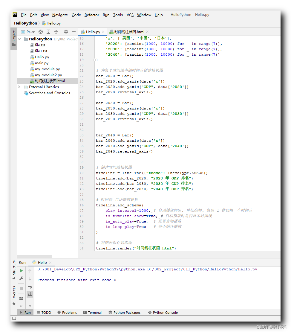 【Python】pyecharts 模块 ⑦ ( 绘制时间线柱状图 | 时间线 Timeline 简介 | 时间线 Timeline 柱状图开发要点 | 播放设置 | 主题设置 | 代码示例 ...