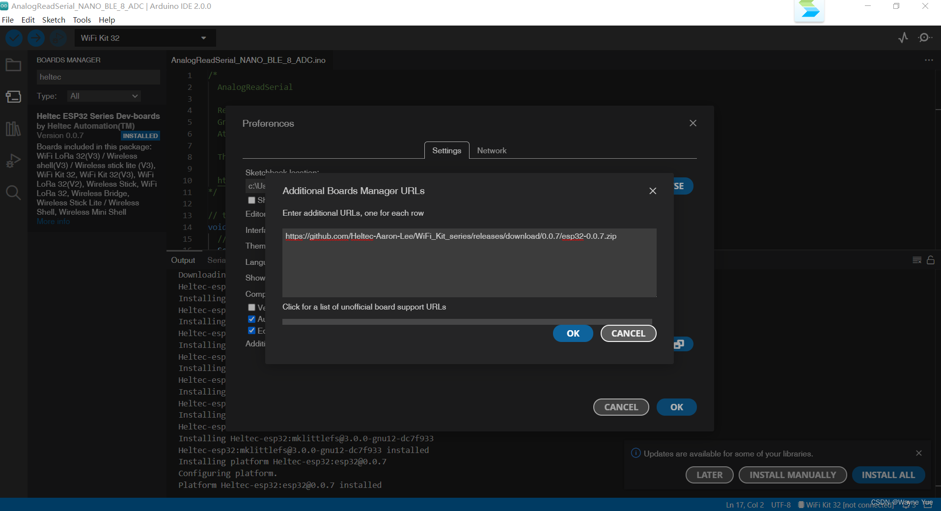 【Arduino安装heltec失败】 IDE 2.0 无法安装成都惠特heltec esp32板卡库，Error: 2 UNKNOWN: Get “https://github.com ...