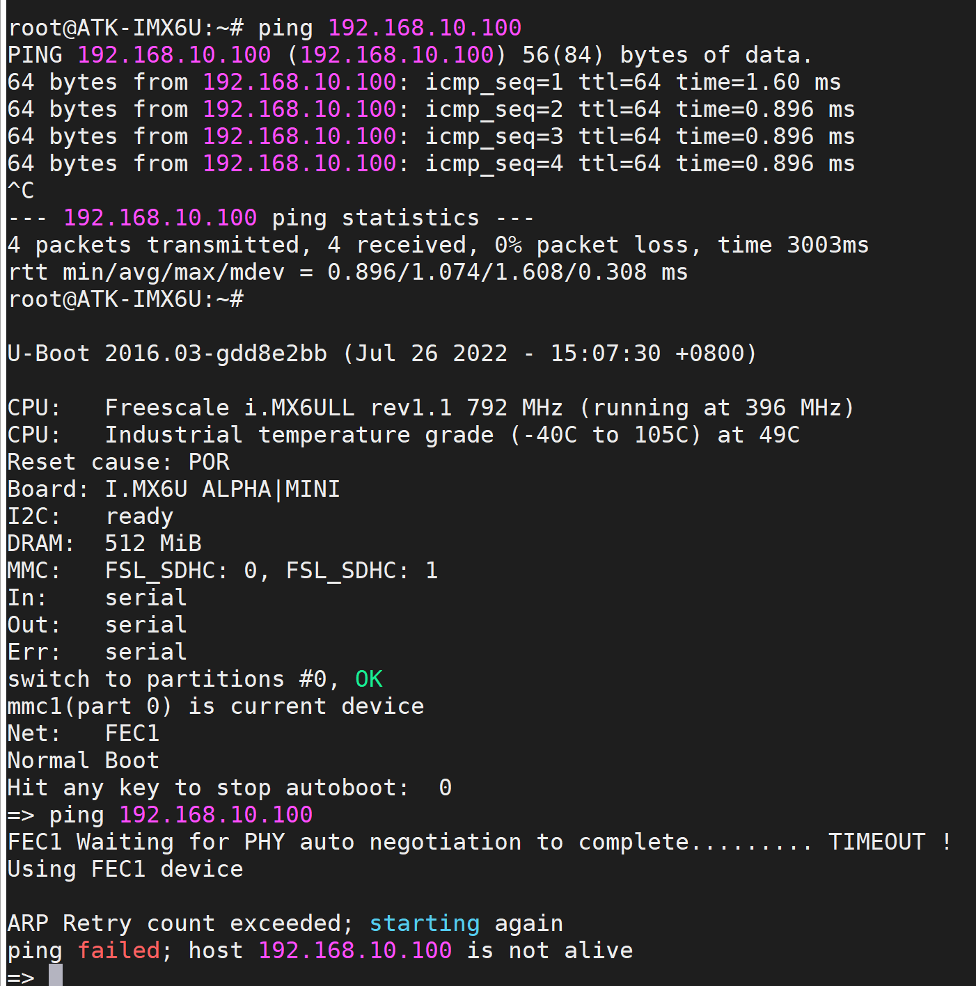 正点原子IMX6ULL开发板系统能ping通虚拟机，但是u-boo ping虚拟机会超时失败_i.max6ul uboot下网口ping 不通-CSDN博客