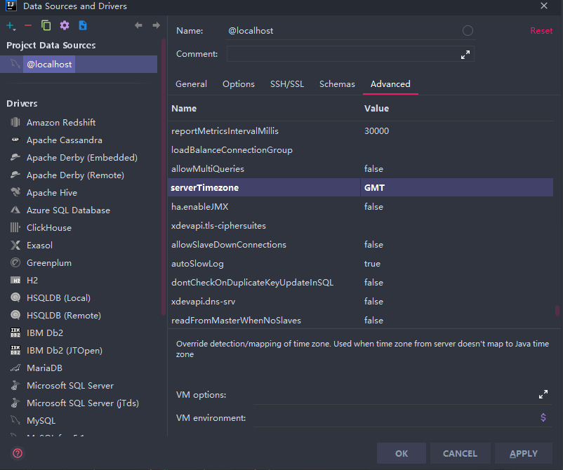 使用idea直接连接数据库报错:server Returns Invalid Timezone Go To Advanced Tab