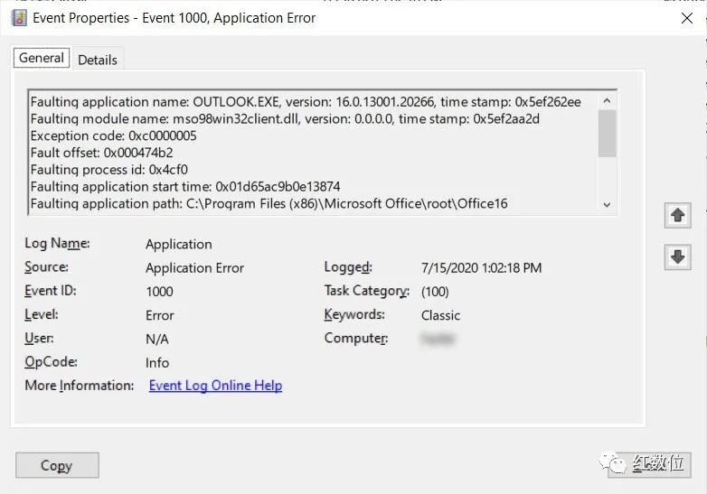 异常代码 0xc0000005_微软Outlook全球崩溃报错0xc0000005，附修复-CSDN博客