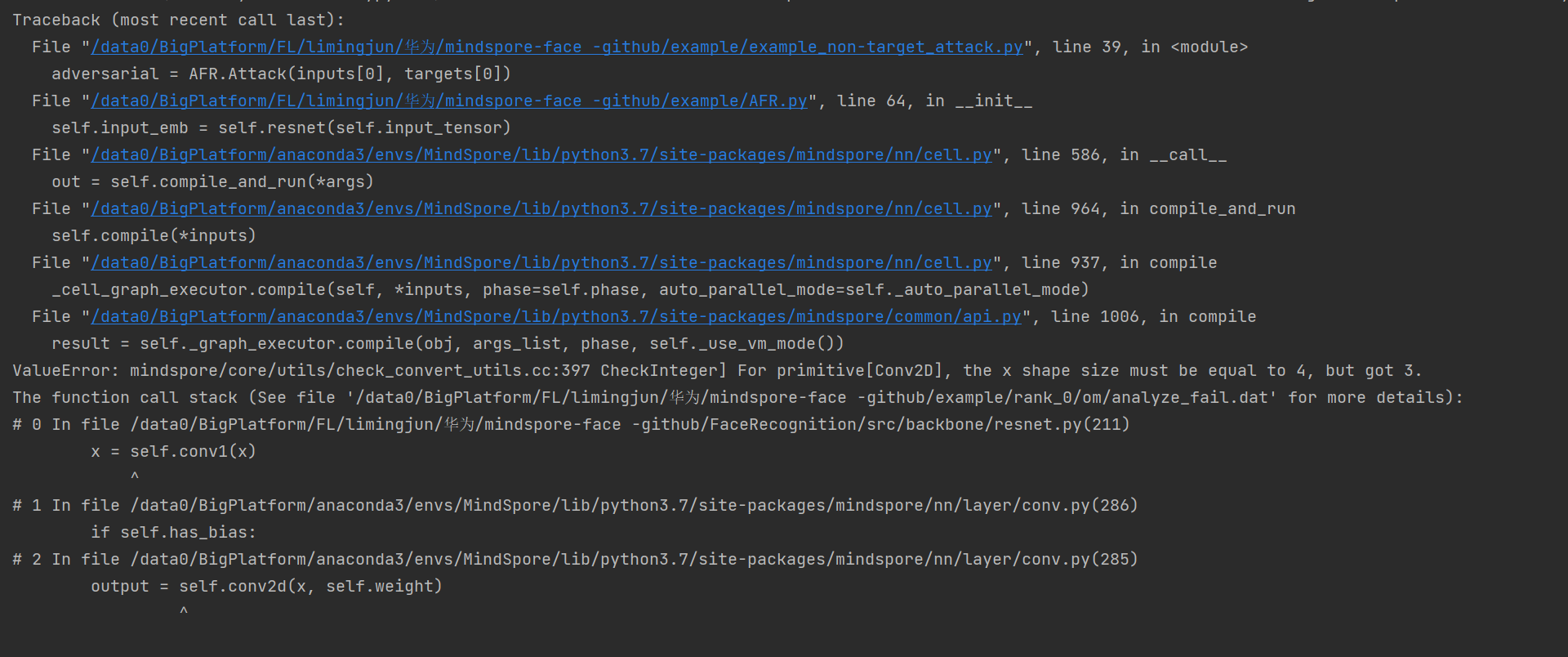 维度数错误引起模型输入错误：For primitive[Conv2D], the x shape size must be equal to 4, but got 3._the input ...