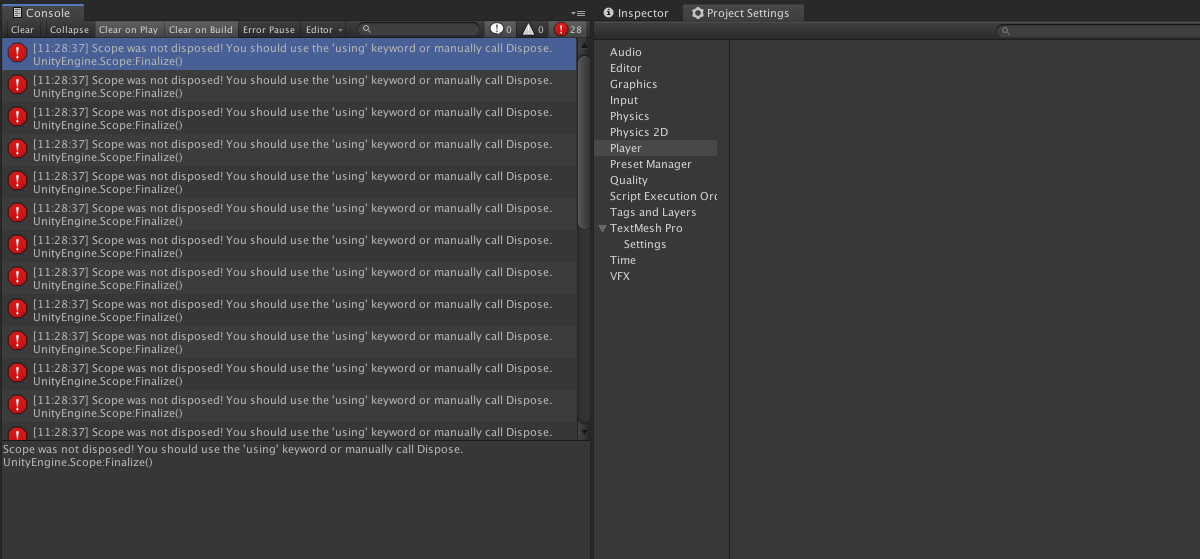 Unity 报错之 Scope Was Not Disposed You Should Use The ‘using‘ Keyword Or Manually Call Dispose