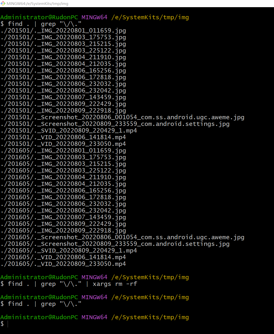 Linux Shell Find grep rm Windows git Bash Shell Find