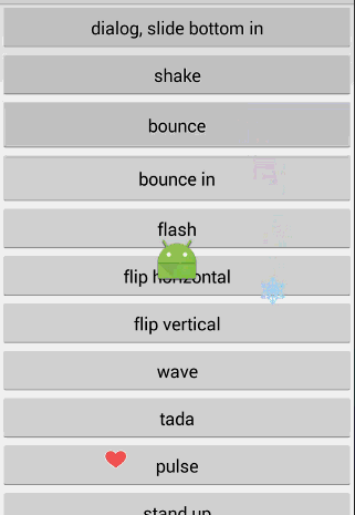 android 飘雪动画,ViewAnimator: A fluent Android animation library。安卓动画库，加入了一些不错的动画，如：wave、fall、shake ...