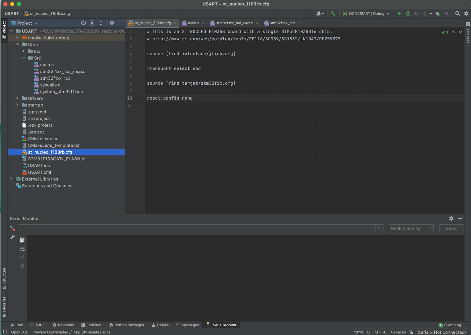 【Mac+CLion+STM32+JLink】Mac上使用STM32CubeMX和CLion搭建嵌入式开发环境（以及串口调试）_mac clion openocd-CSDN博客