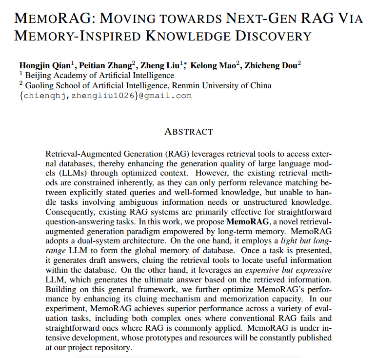 MemoRAG： 通过受记忆启发的知识发现迈向下一代RAG_memorag: moving towards next-gen rag via ...