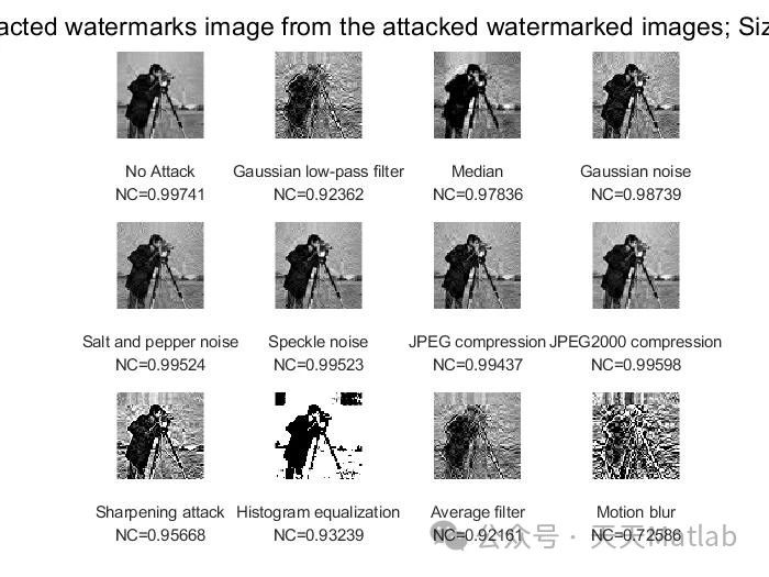 【图像隐藏】基于混合小波变换结合奇异分解DWT-HD-SVD的数字图像水印带攻击（含PSNR、SSIM、NC指标）附Matlab代码_线性混合 ...