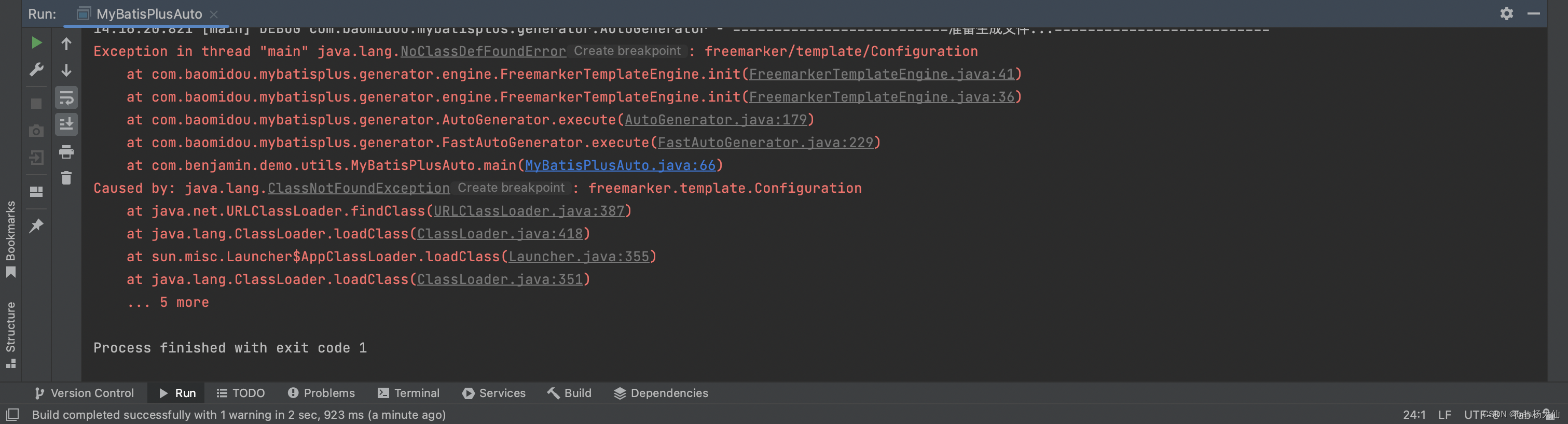 Exception in thread “main“ java.lang.NoClassDefFoundError: freemarker/template/Configuration ...