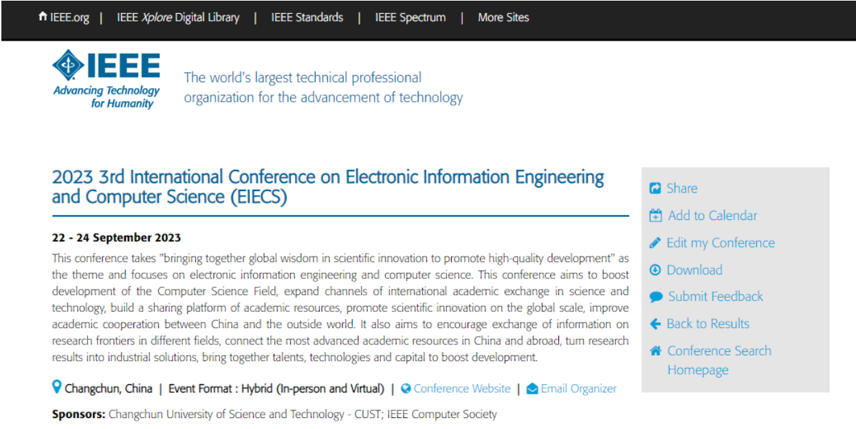 【长春理工大学主办| IEEE独立出版 | 往届均完成检索】2023年第三届电子信息工程与计算机科学国际会议（EIECS 2023）_长春理工会议ei-CSDN博客