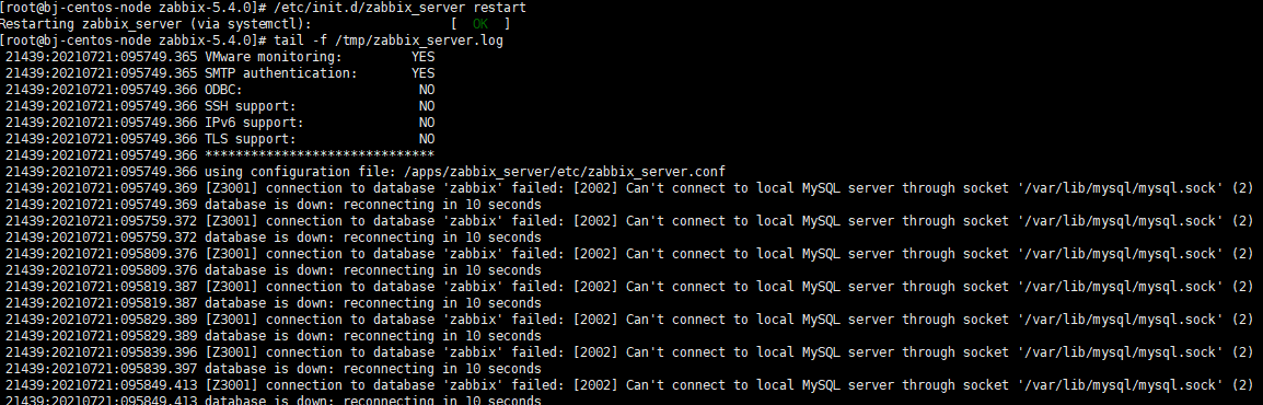 Zabbix error set one: connection to database 'zabbix' failed: [1045] Access denied for user ...